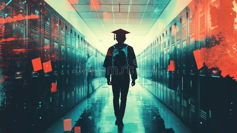 Student in Graduation Cap Walking Down Hallway in Glitch-style Setting ...