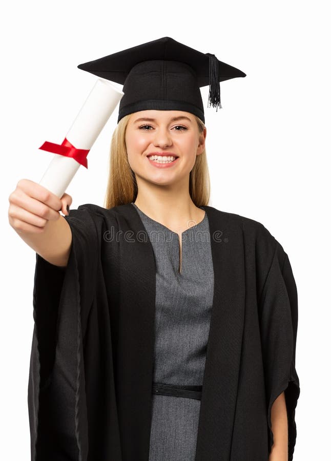 Student in Graduation Gown Die Certificaat Tonen Stock Foto - Image of ...