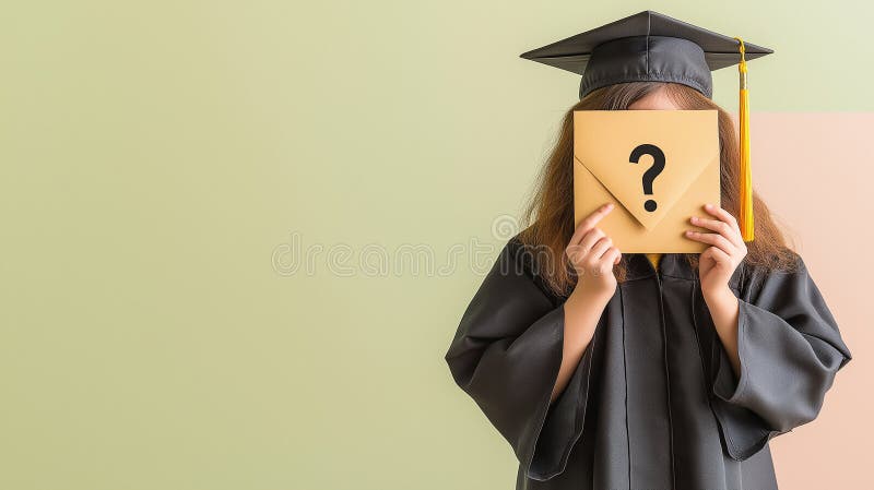 Student in Graduation Gown Holds Envelope with Question Mark ...