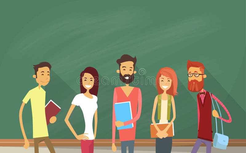 Student Group Over Green Blackboard Holding Books Stock Vector ...