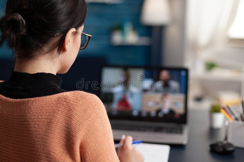 Student in Group Videocall Taking Notes. Stock Image - Image of ...