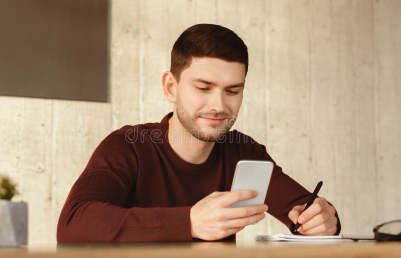 Student Guy Using Smartphone Learning Sitting at Home Stock Image ...
