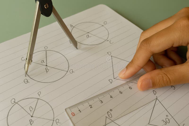 Student Hand Measuring Geometric Shapes on Paper Using Ruler and ...