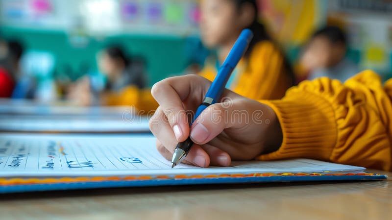 Student Hand with Pen in Notebook, Clear Classroom Background Stock ...