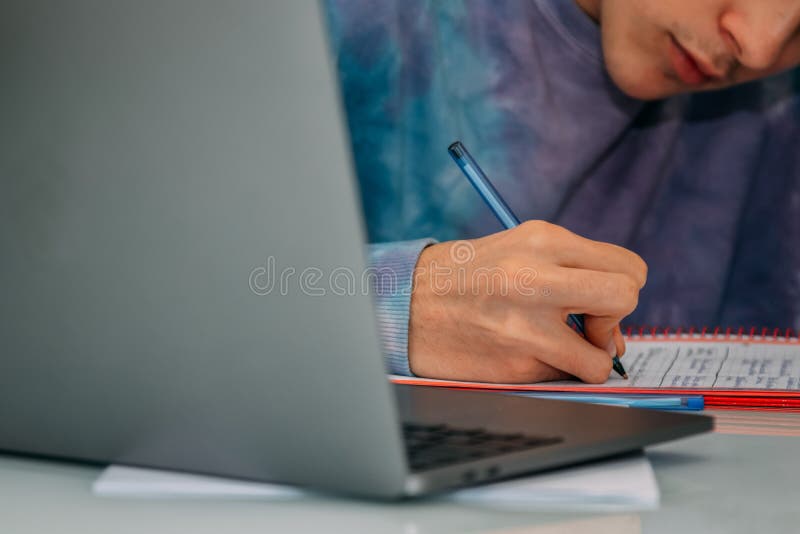 Student Hand with Pen Writing with Computer Stock Photo - Image of ...
