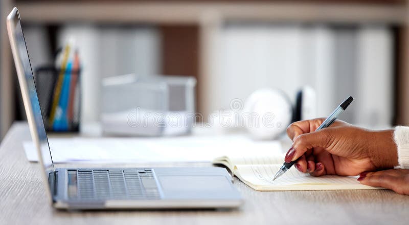 Student, Hand and Research on Laptop, Writing and Notebook for Online ...