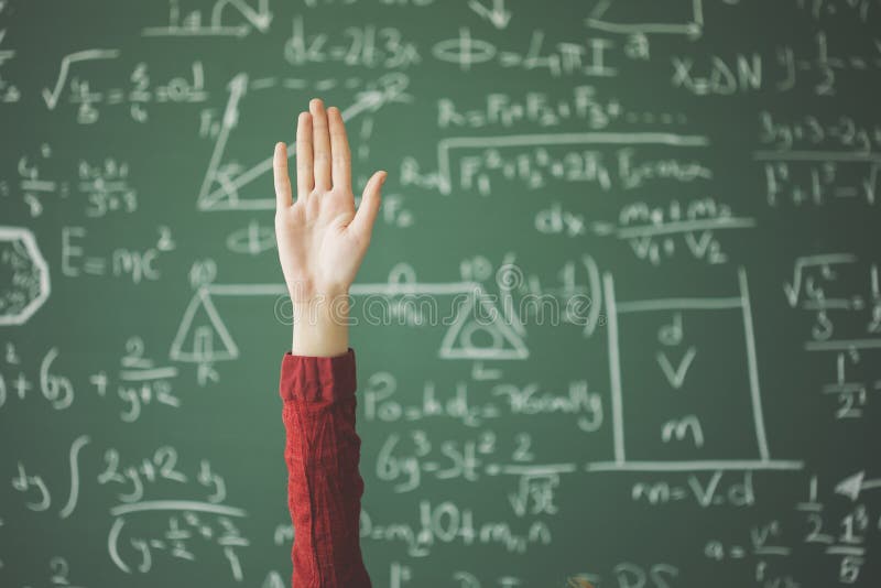 Student Hand Up Behind Green Chalk Board Stock Image - Image of person ...