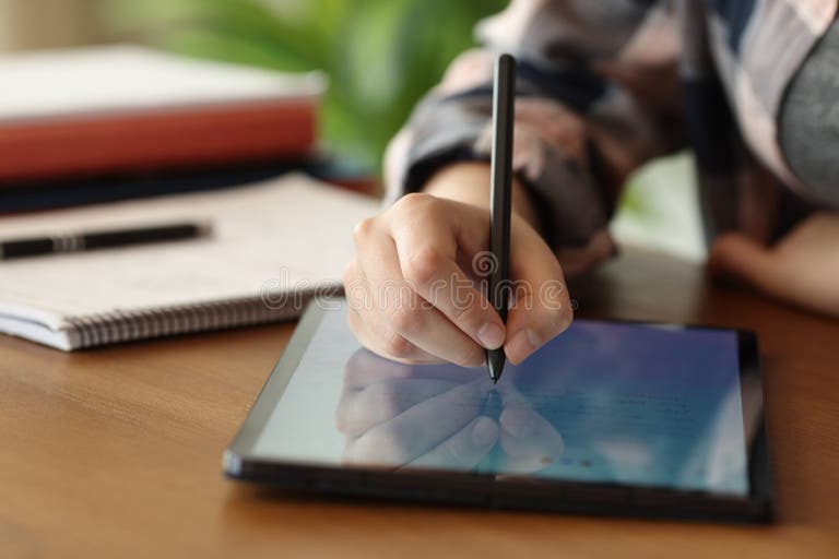 Student Hand Using Tablet To Handwrite Notes Stock Image - Image of ...