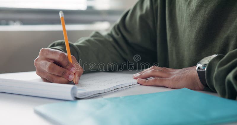 Student, Hand and Writing on Desk for Education with Learning ...