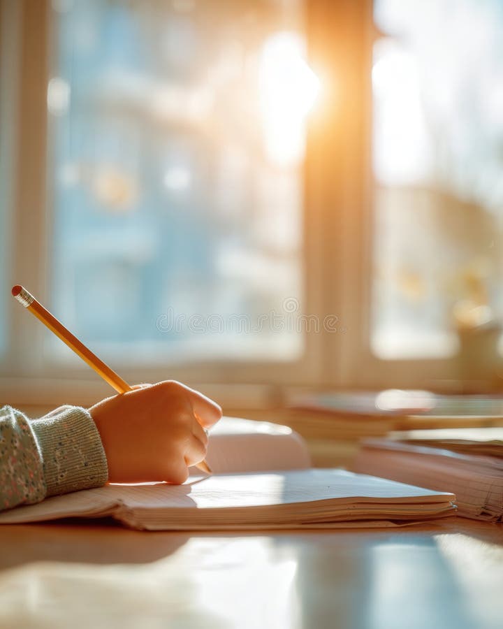 Student Hand Writing in Notebook at School Desk Stock Illustration ...