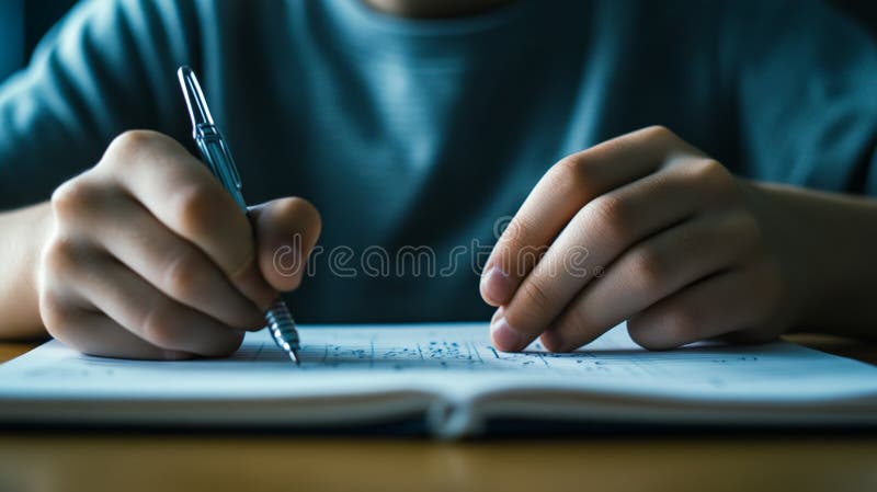 Student Hands Closely Writing in Notebook, Concentrated on Academic ...