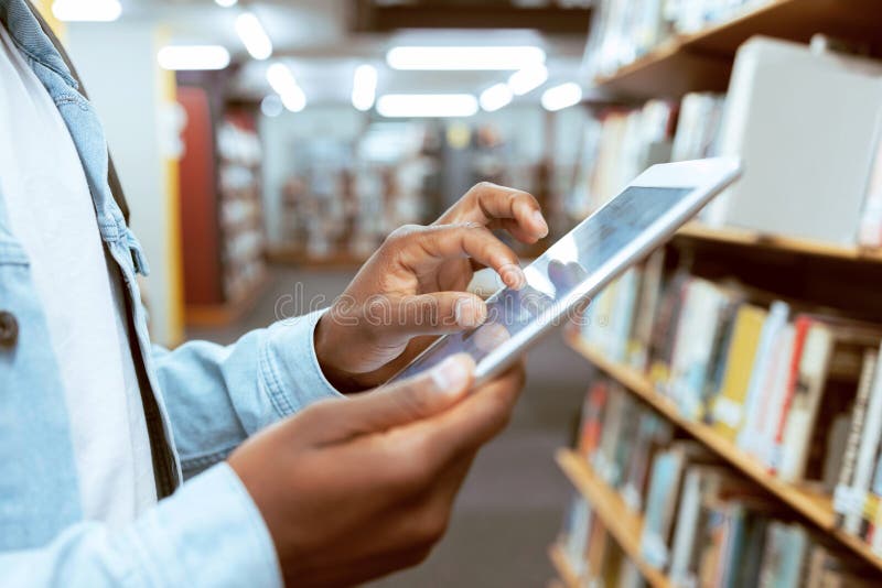 Student Hands, Tablet Zoom and Library Research of a Black Man at an ...