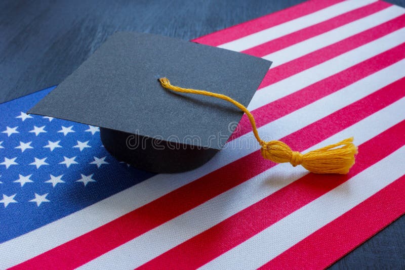 Student Hat on the US Flag As a Symbol of Education. Stock Photo ...
