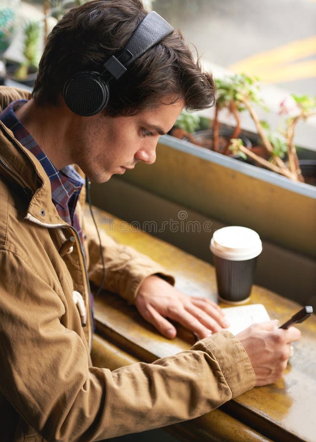 Student, Headphones and Coffee in Cafe with Notebook for Study ...