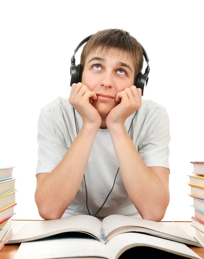 Student in Headphones stock photo. Image of heap, desk - 69479926
