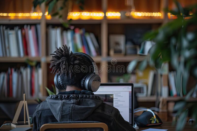 Student with Headphones Studying at a Desk in a Library with Copy Space ...