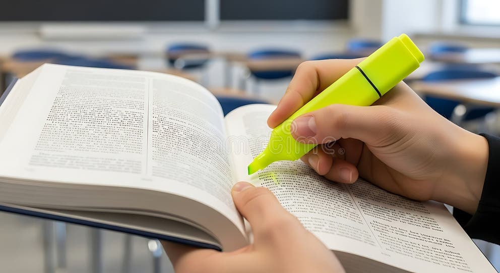Student Highlighting Text in Open Book with Bright Highlighter in ...
