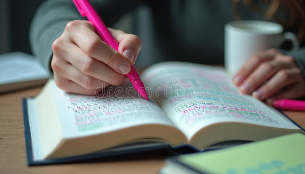 Student Highlighting Text in an Open Textbook with a Pink Marker ...