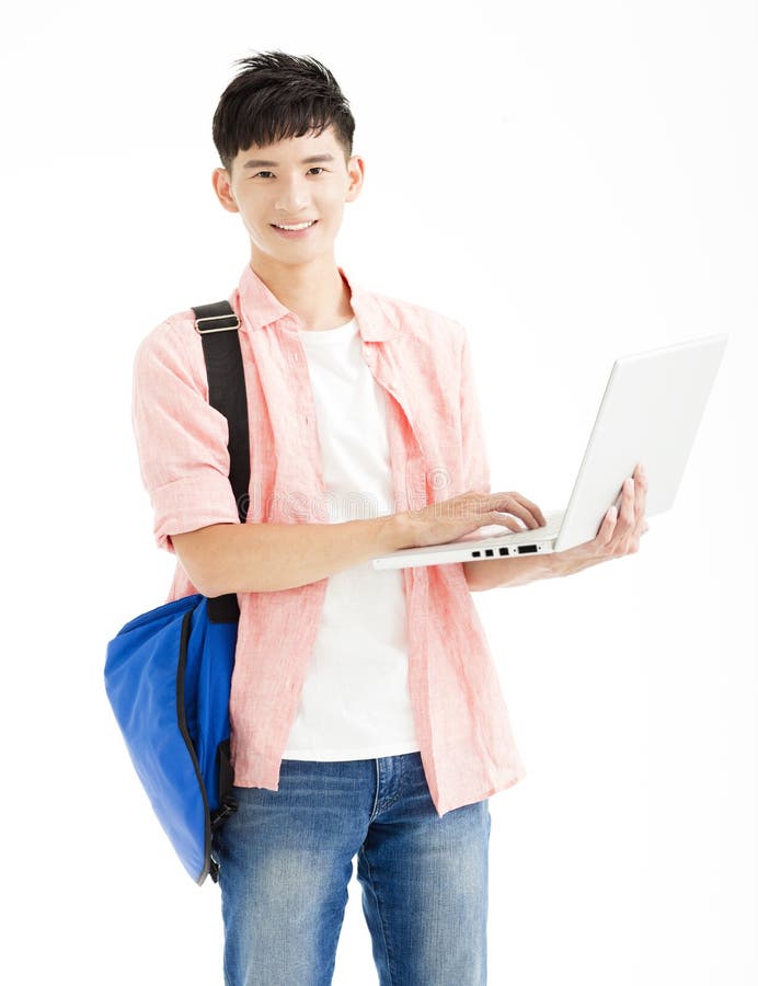 Student Holding Laptop Isolated on White Stock Photo - Image of happy ...