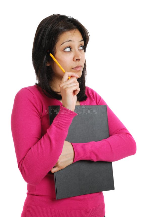 Student Holding a Pencil and Folder Whilst Thinking Stock Image - Image ...