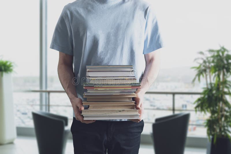 A Student Holding Stack of Books, Carry Heavy Paper Textbooks ...