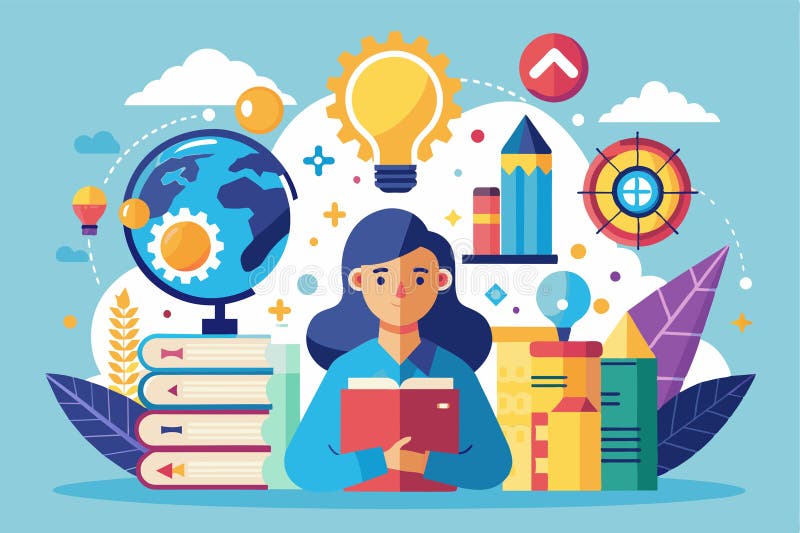 A Student Holds a Book, Surrounded by Educational Symbols Like a Globe, Lightbulb, and Tools ...