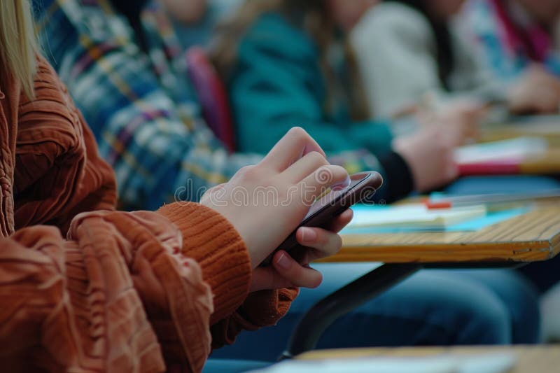 Student Holds Cell Phone while Sitting in Class Stock Photo - Image of ...