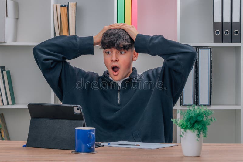 Teen Boy at Home Studying with Computer Stock Image - Image of employee ...