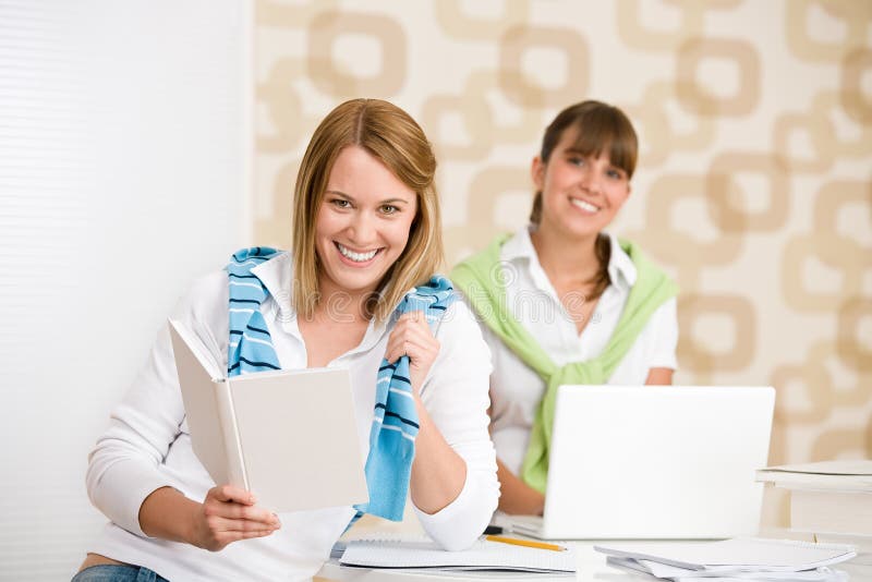 Student at Home - Two Woman with Book and Laptop Stock Photo - Image of ...