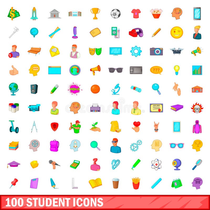 100 Student Icons Set, Cartoon Style Stock Vector - Illustration of ...