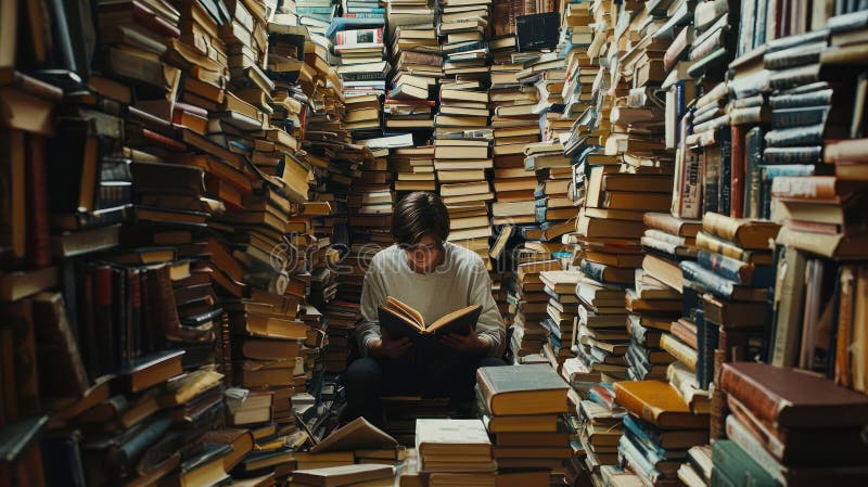 Student Immersed in Reading Surrounded by Stacks of Books in Library ...