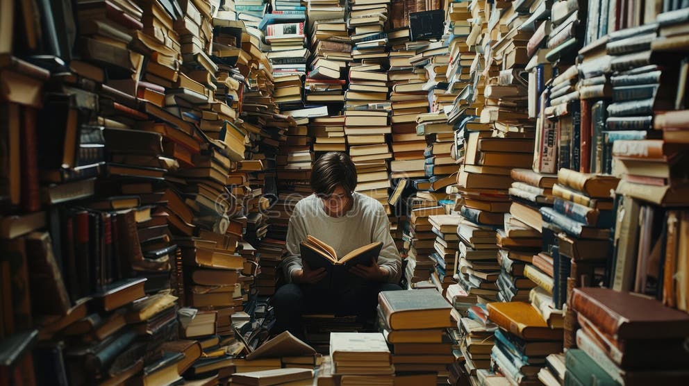 Student Immersed in Reading Surrounded by Stacks of Books in Library ...