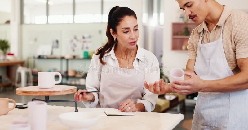 Student, Instructor and Pottery with Cup for Check, Artwork or ...