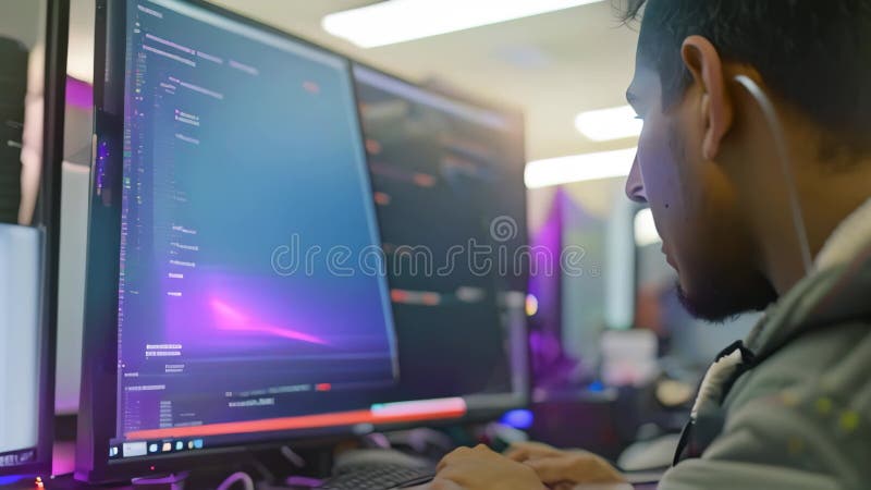 A Student Intently Focused on Coding on a Computer in a Classroom Setting, a Student ...