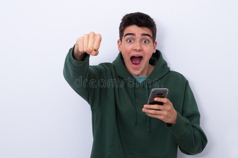 Student Isolated on White with Mobile Phone Stock Photo - Image of ...