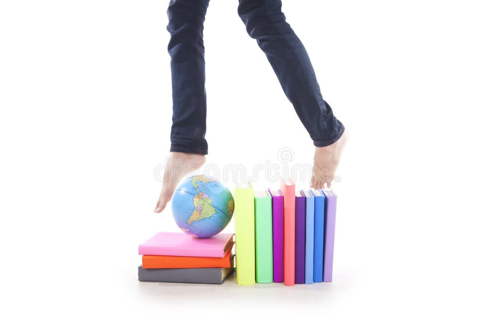 Student Jumps Over Books and Globe Stock Image - Image of books, action ...