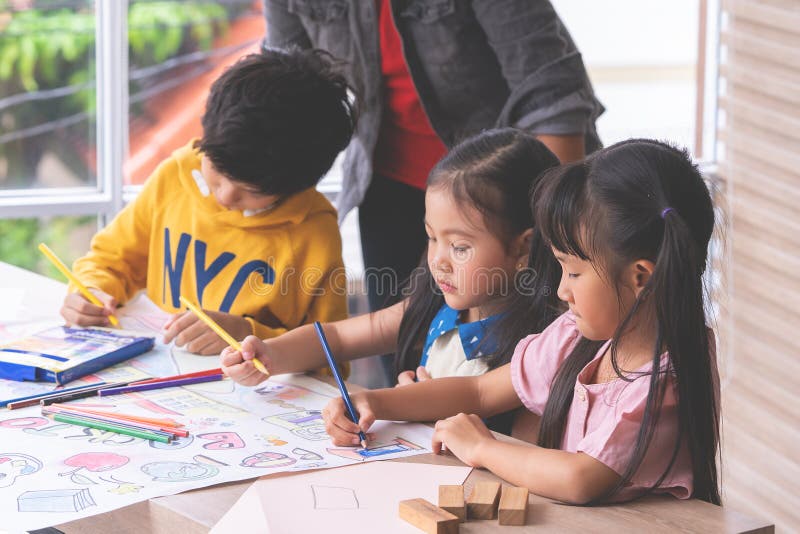 Student Kids Painting on Paper in Art Group Stock Photo - Image of ...