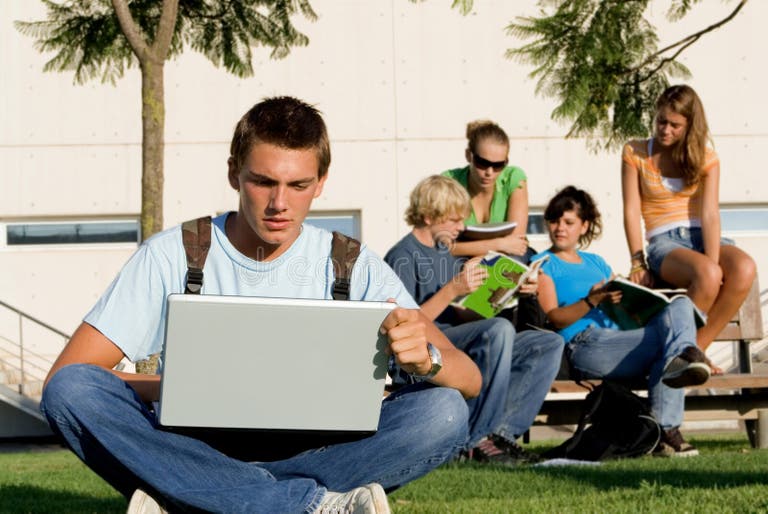 Student with laptop stock image. Image of note, bench - 6214321