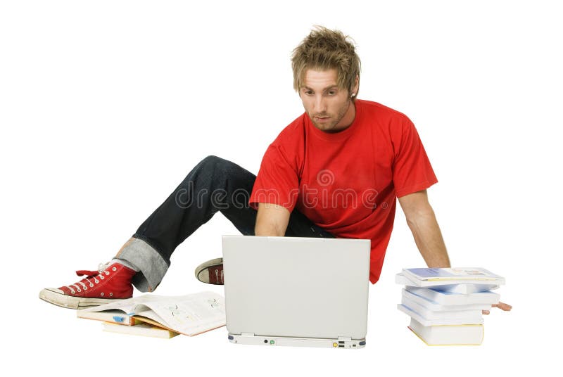 Student Studying with Books and Laptop Isolated on White. Stock Photo ...