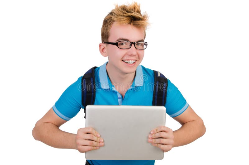 Student with Laptop Isolated on White Stock Photo - Image of backpack ...