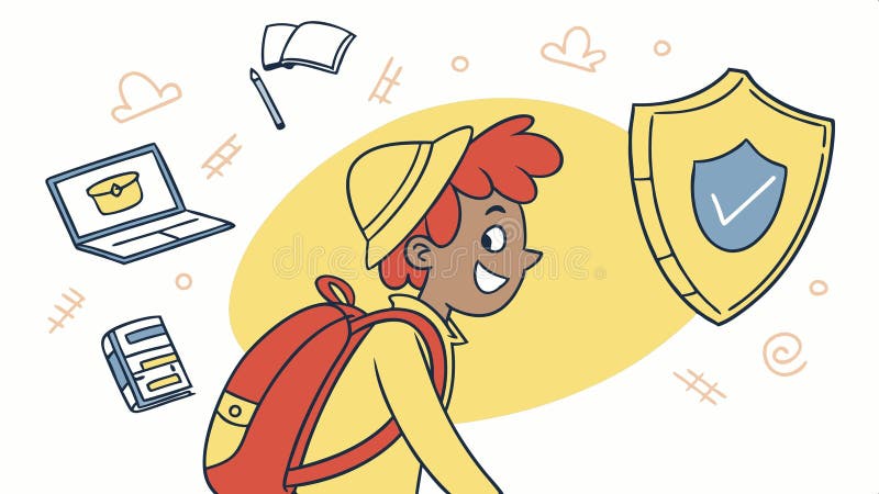 Student with Laptop and Shield, Online Safety, Education Tech. Digital ...
