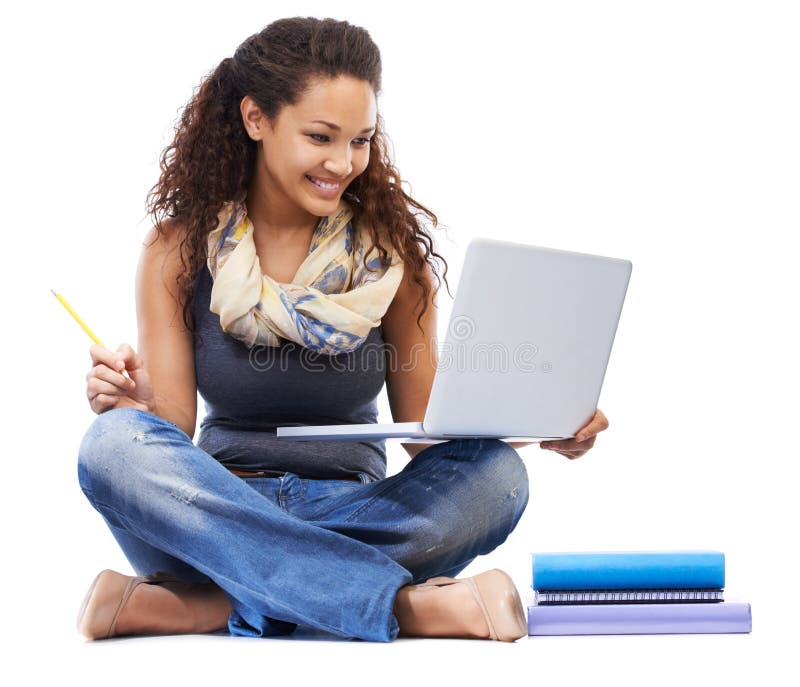 Student, Laptop and Smile Learning with Books or Studying in Studio for ...