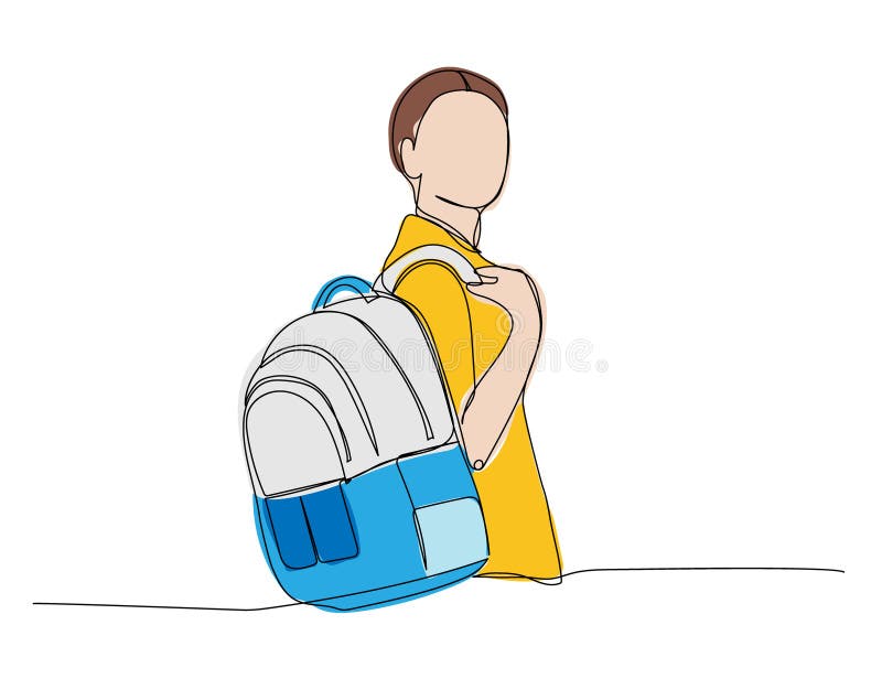 Student with a Large Backpack, School Supplies One Line Color Art ...