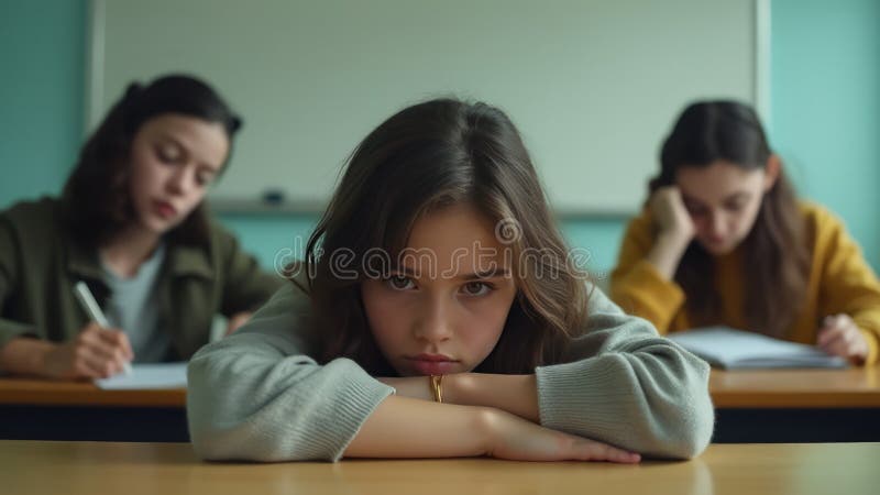 A Student Looks Bored and Distracted while Classmates Focus on Their ...