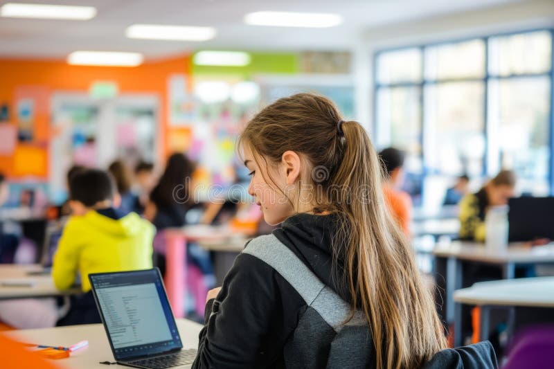 Student Learning in a Bright Modern Classroom. Engaged in Using a ...