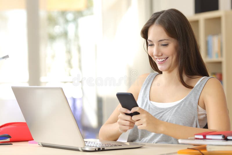 Student Learning with Laptop and Mobile Phone Stock Image - Image of ...