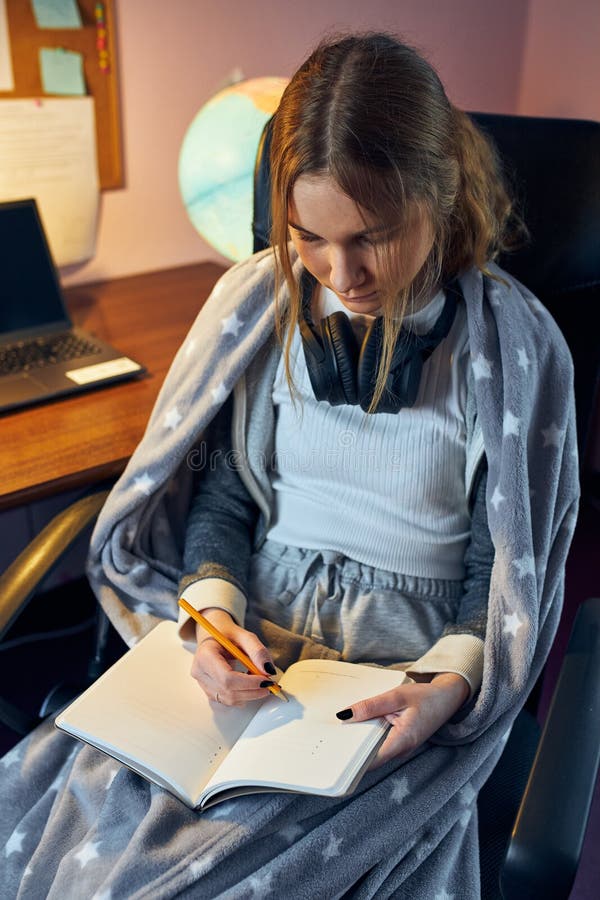 Student Learning Remotely from Home. Young Woman Having Classes Online ...