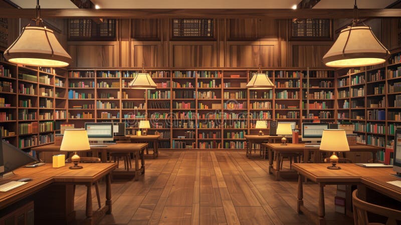 A Student Library with Bookshelves Filled with Books and Computer ...