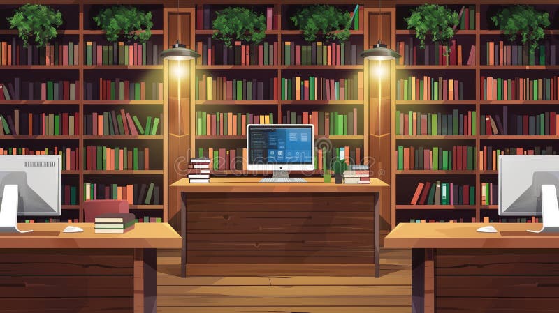 A Student Library Featuring Tall Bookshelves Filled with Books and Two ...