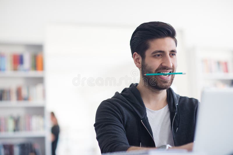 Student in a Library Study on a Laptop Stock Image - Image of learn ...